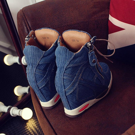 Big Size Women Denim Wedges Sneakers - Autumn Platform Casual Shoes ...